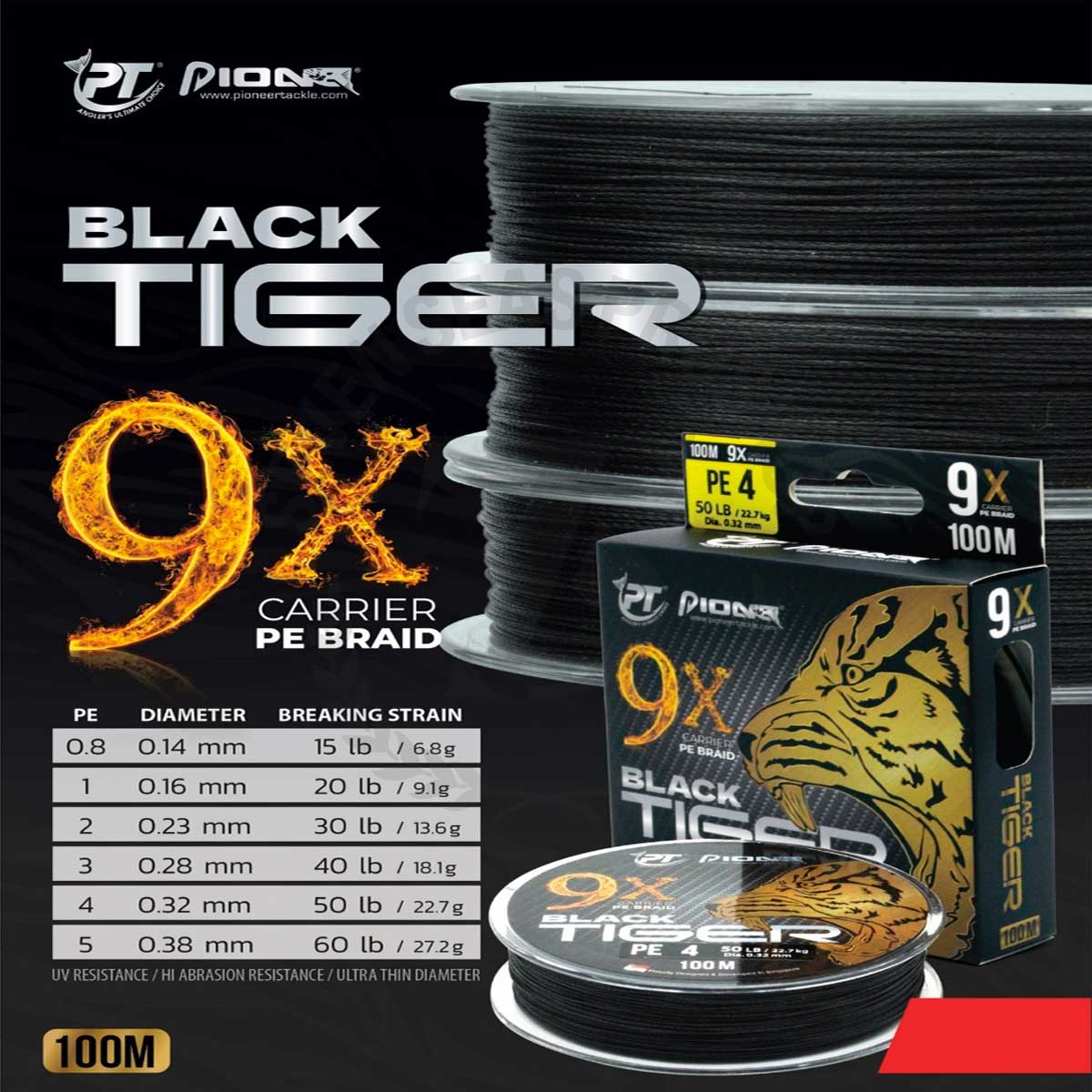 Pioneer Black Tiger 9X Carrier Braid 100m #PE2 (Black)*สายพีอี - 7 SEAS PROSHOP (THAILAND)
